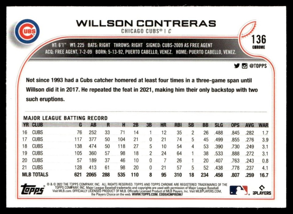2022 Topps Chrome Willson Contreras Chicago Cubs #136 | eBay