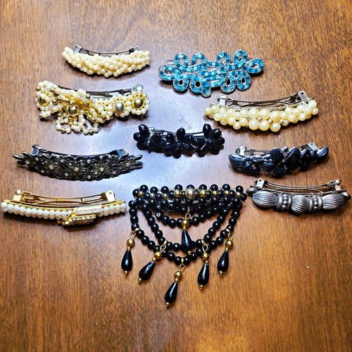 Vintage Women’s Barrette Lot 10 Beaded Rhinestone Faux Pearl Floral ...