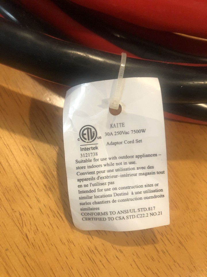 Generator Cord, Intertek 3121738, Kaite 30A 250VAC 7500W, 25-ft | eBay