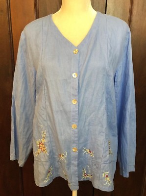 David Dart Petite 100% Linen Button Down Tunic Shirt Blue With Floral ...