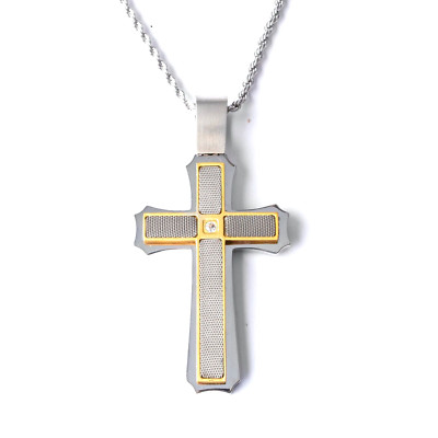 STAINLESS STEEL CRYSTAL SET 2-TONE BIG & BOLD CROSS PENDANT W/MESH ...