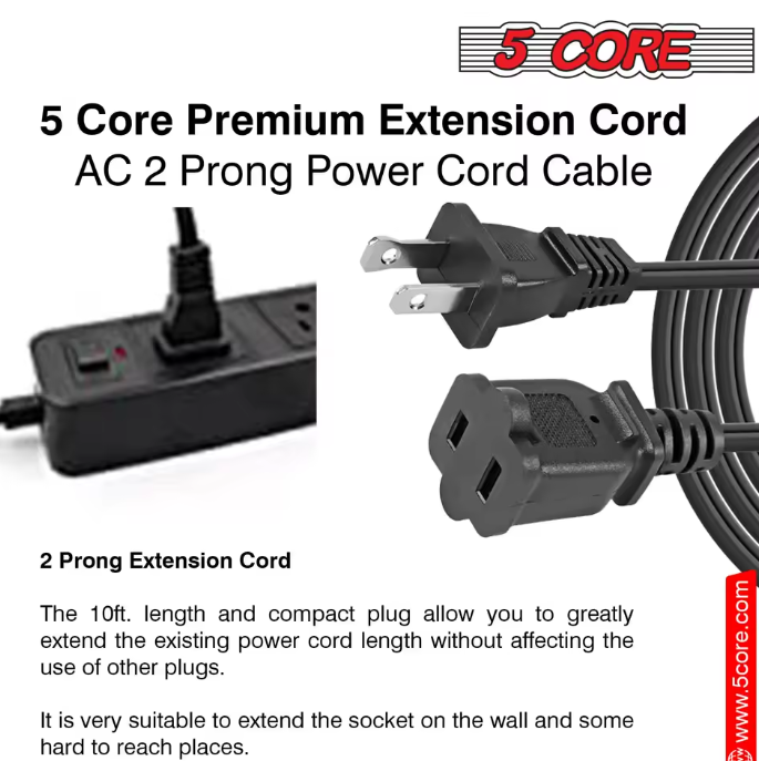 5Core AC Power Cord 10 Ft |US 2 Prong Extension Adapter Cords 16AWG ...