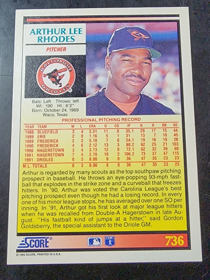 1992 Score Baseball #736 Arthur Rhodes | eBay