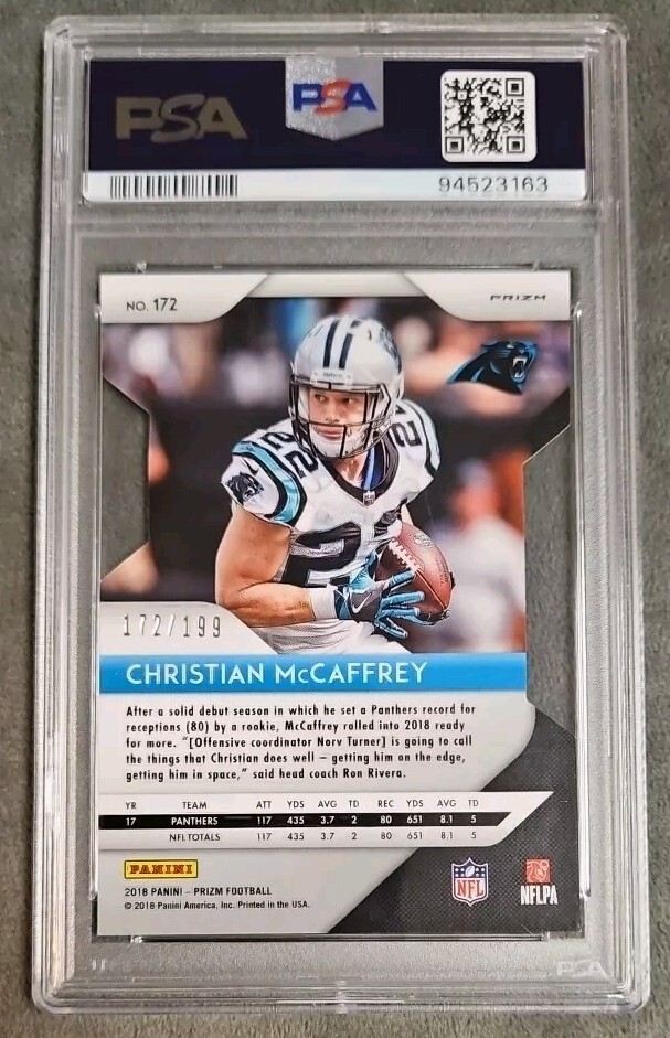 2018 PANINI PRIZM 172 CHRISTIAN MCCAFFREY LIGHT BLUE DIE-CUT /199 PSA ...