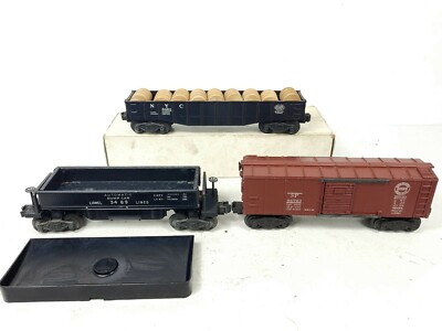 3x Lionel 3469 Dump Car w/Bin 6462 Gondola w/Barrel Load, X6454 Boxcar ...
