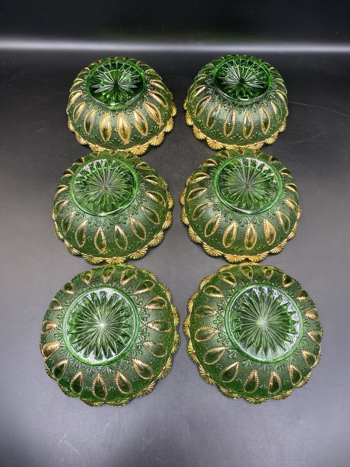 7pc NORTHWOOD EAPG Green Gold Posies & Pods Master & 6 Berry Bowls Set ...