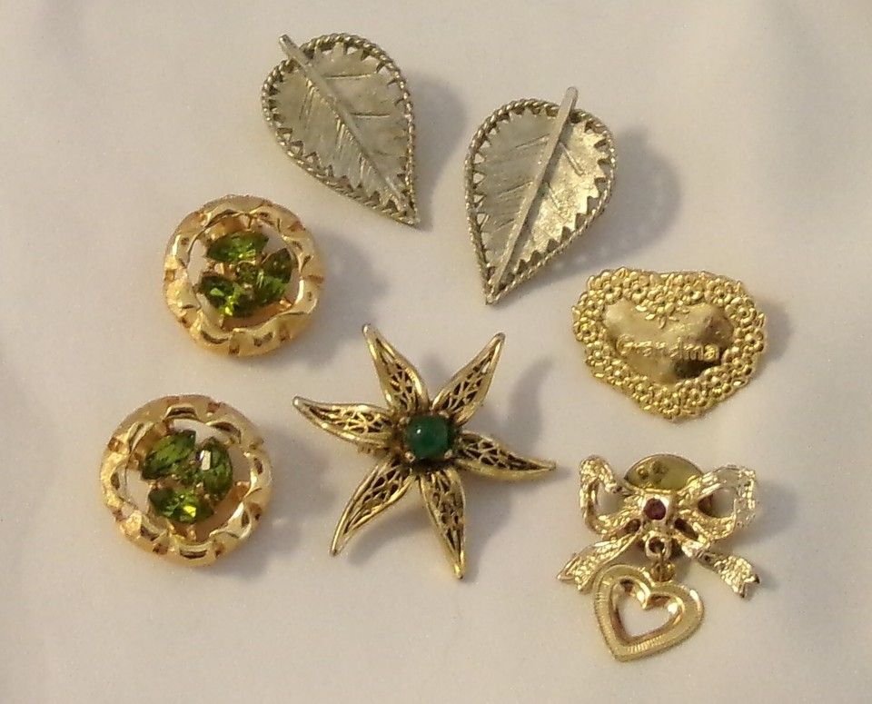 Vintage Earring Sweater Pin Lot of 5-Fall Leaf, Peridot Green-Signed ...