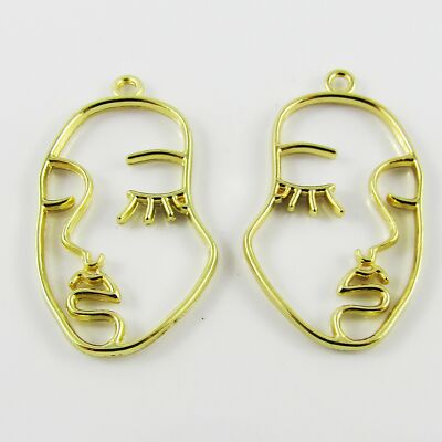 6pcs Abstract Face Winking Girl Charm Pendant Gold Plate 38x22mm Open ...