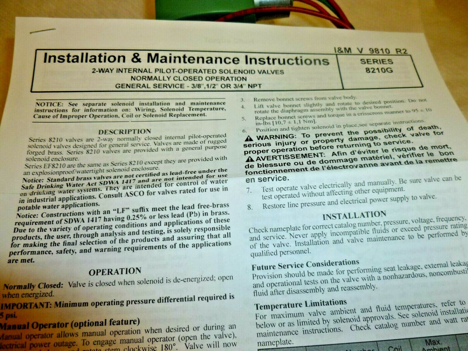 Asco 1/2" 8210G002MO 120v valve w/manual operator-blank nameplate see ...