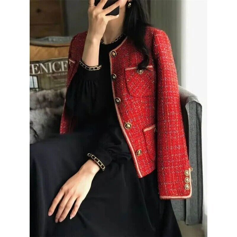 Red Tweed Blazers Women New Autumn Winter Loose New Single-Breasted ...