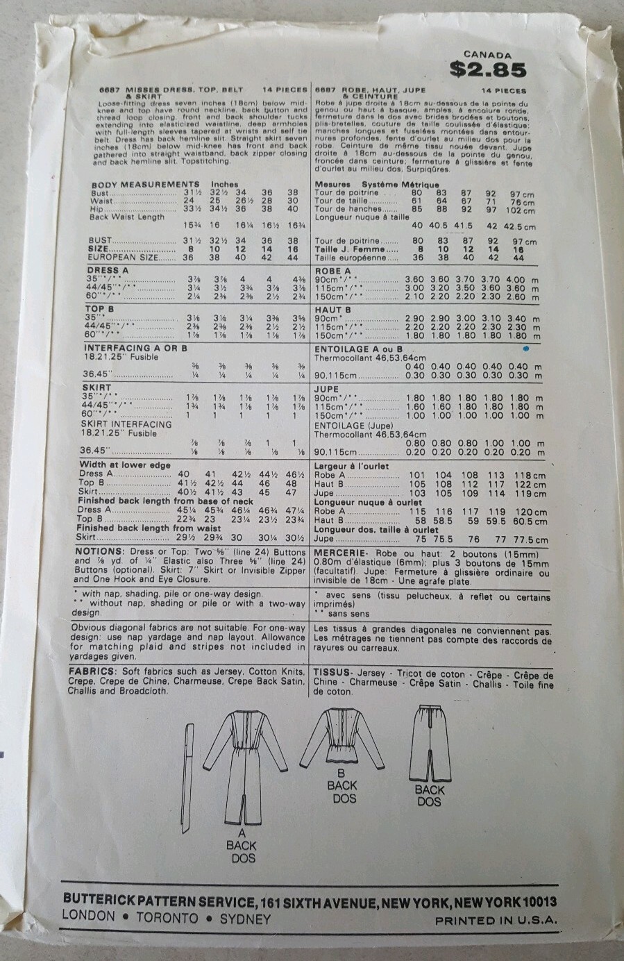 Vtg Butterick 6687 Pattern Misses Dress Top Belt Skirt Sz 10 Bust 32 1/ ...