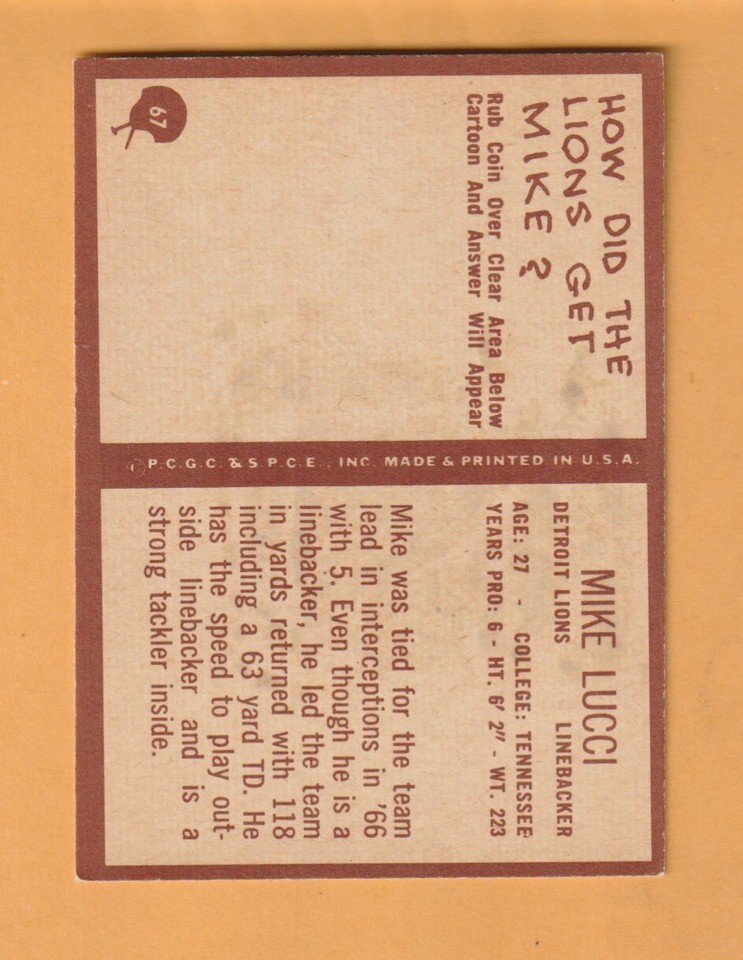 Mike Lucci Detroit Lions 1967 Philadelphia #67 RC Rookie Tennesse ...