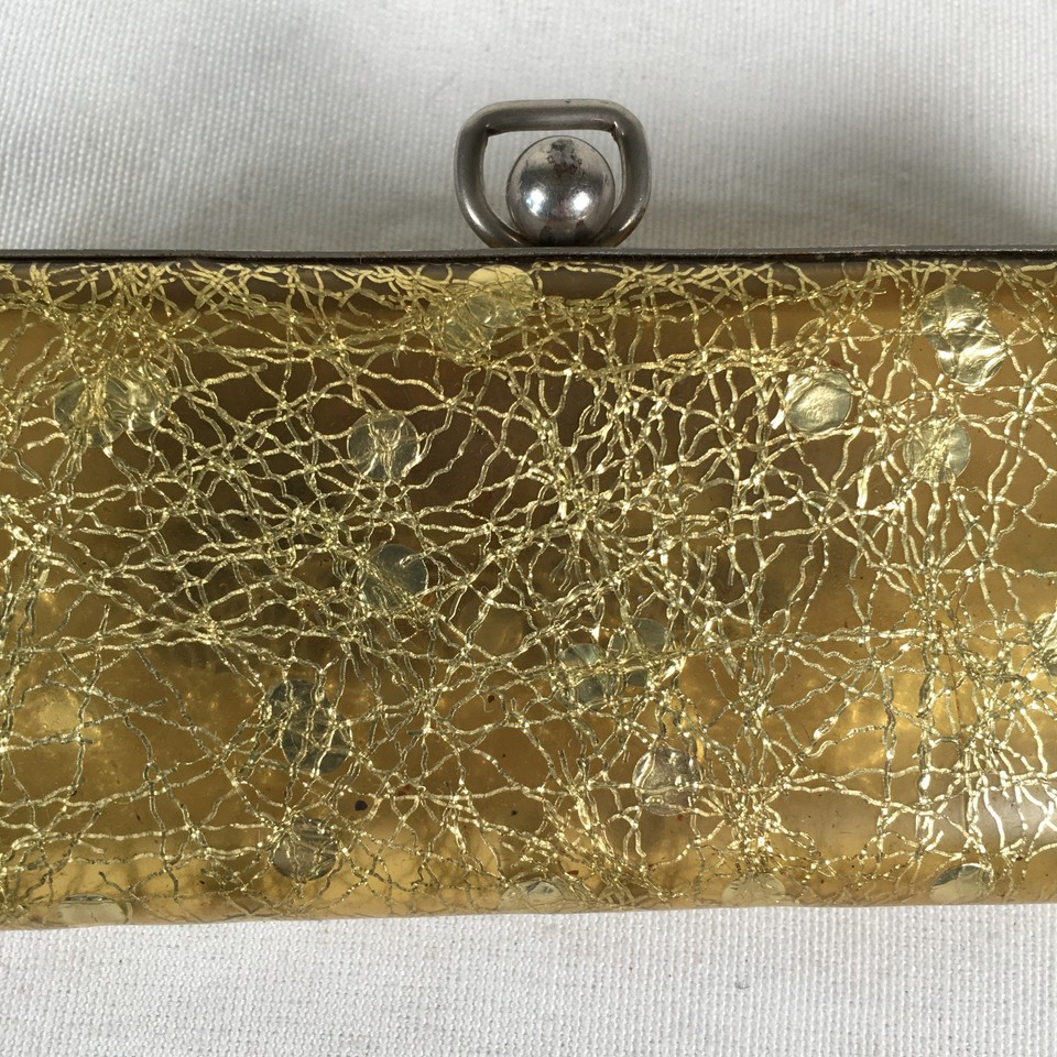 Vtg MCM Mini Clutch Purse Gold Lame Plastic Metal Trim Ball Kiss Lock ...
