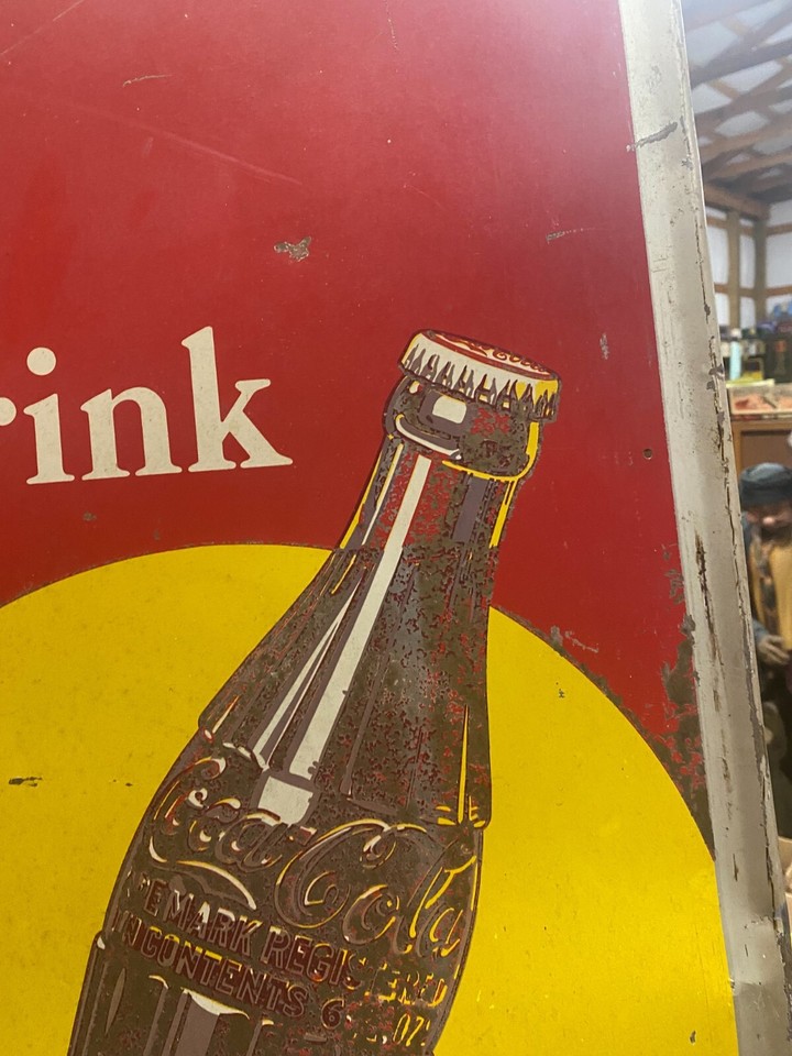 Vintage 54" x 18" Pause Drink Coca-Cola COKE Vertical Metal Sign Yellow ...