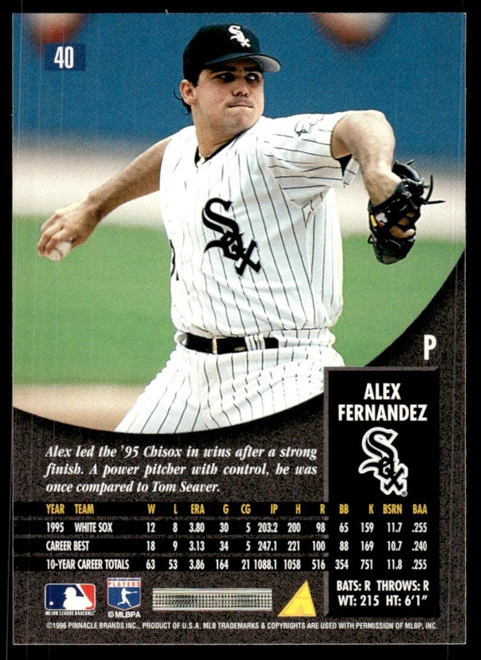 1996 Pinnacle Baseball Card Alex Fernandez Chicago White Sox #40 | eBay