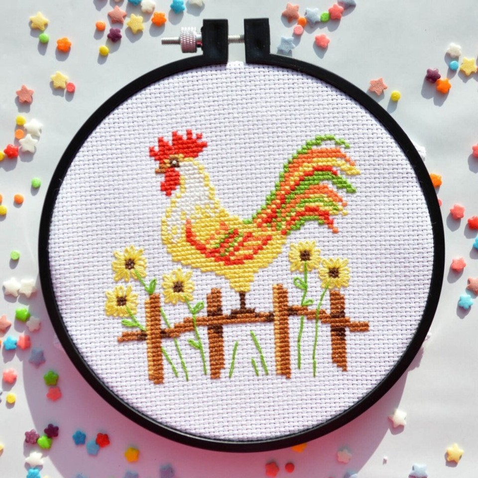 Rooster cross stitch kit for beginners Cockerel embroidery with counted ...