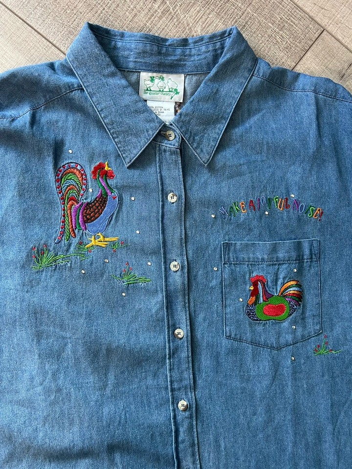 The Quacker Factory Chicken Rooster Embroidered Shirt Blue Denim Plus ...