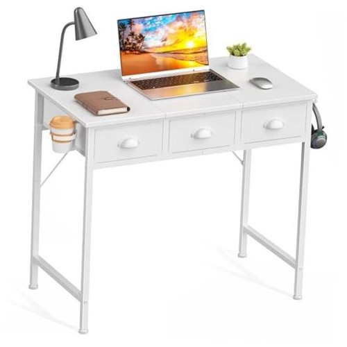 32" Small White Computer Desk with 3 Fabric Drawers, Home Office Desk ...