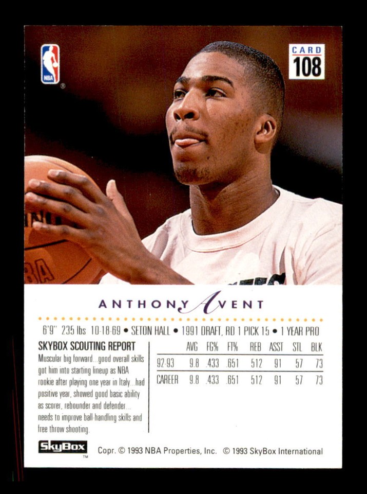 1993 Basketball Skybox Anthony Avent Milwaukee Bucks #108 2 | eBay