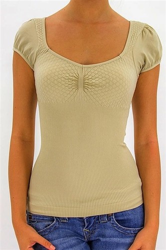 Beige Seamless Nylon Textured Fairycore Prairie Ribbed Cleavage Top New ...