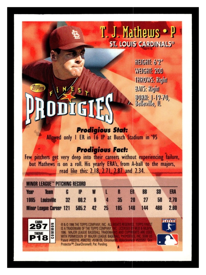 1996 Finest T.J. Mathews #297 With Coating St. Louis Cardinals | eBay