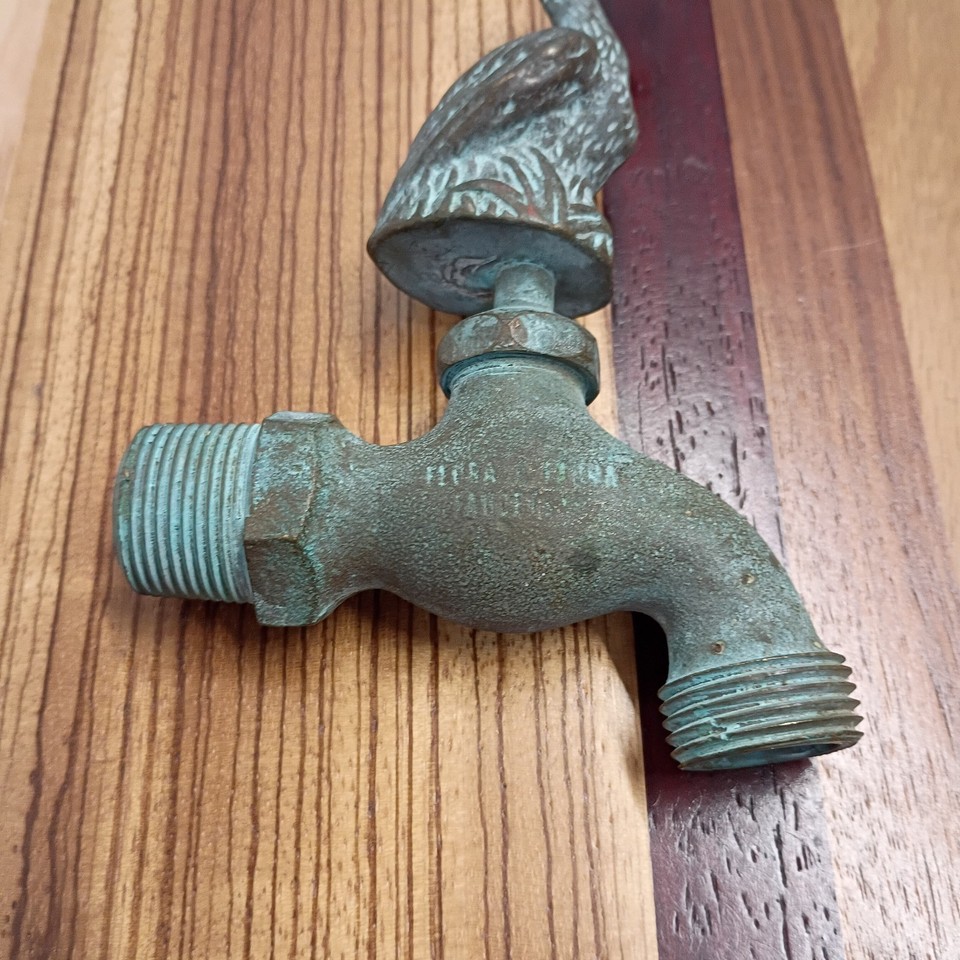 Flora & Fauna Faucet Brass Garden Tap Bird Top Heavy Patina Stork Fish ...