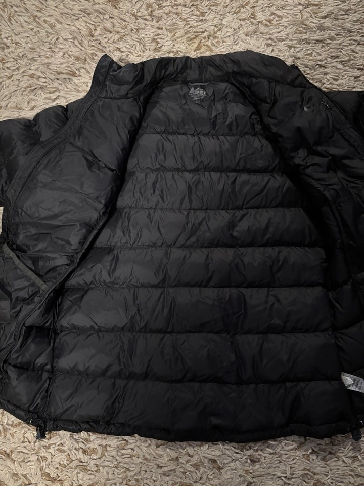 Rei Co-op Puffer Jacket Black Hooded Goose Down Pertex Quantum Logo Men ...