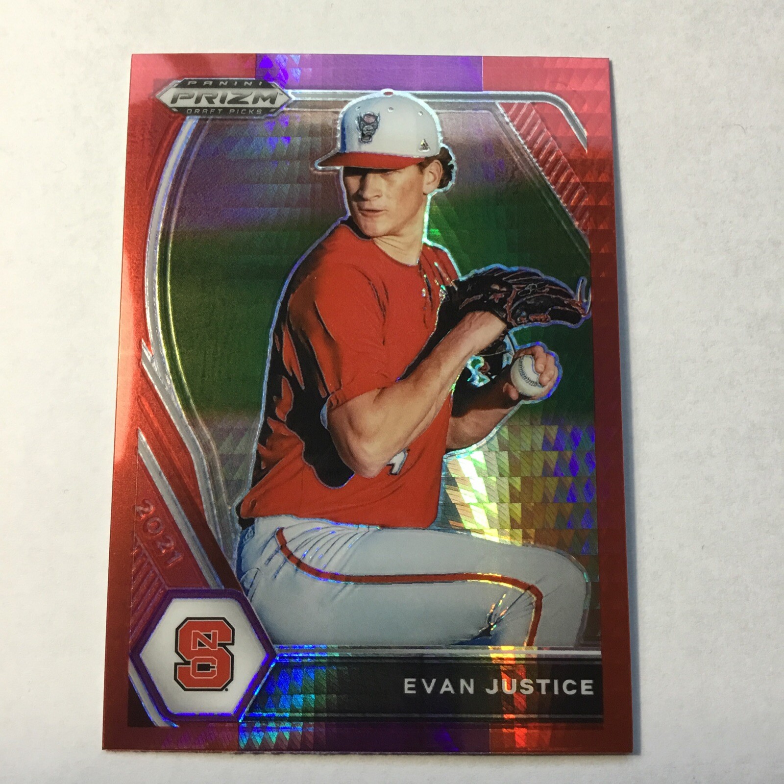 2021 Panini Prizm Draft Picks Evan Justice Hyper Red & Purple Prizm RC ...