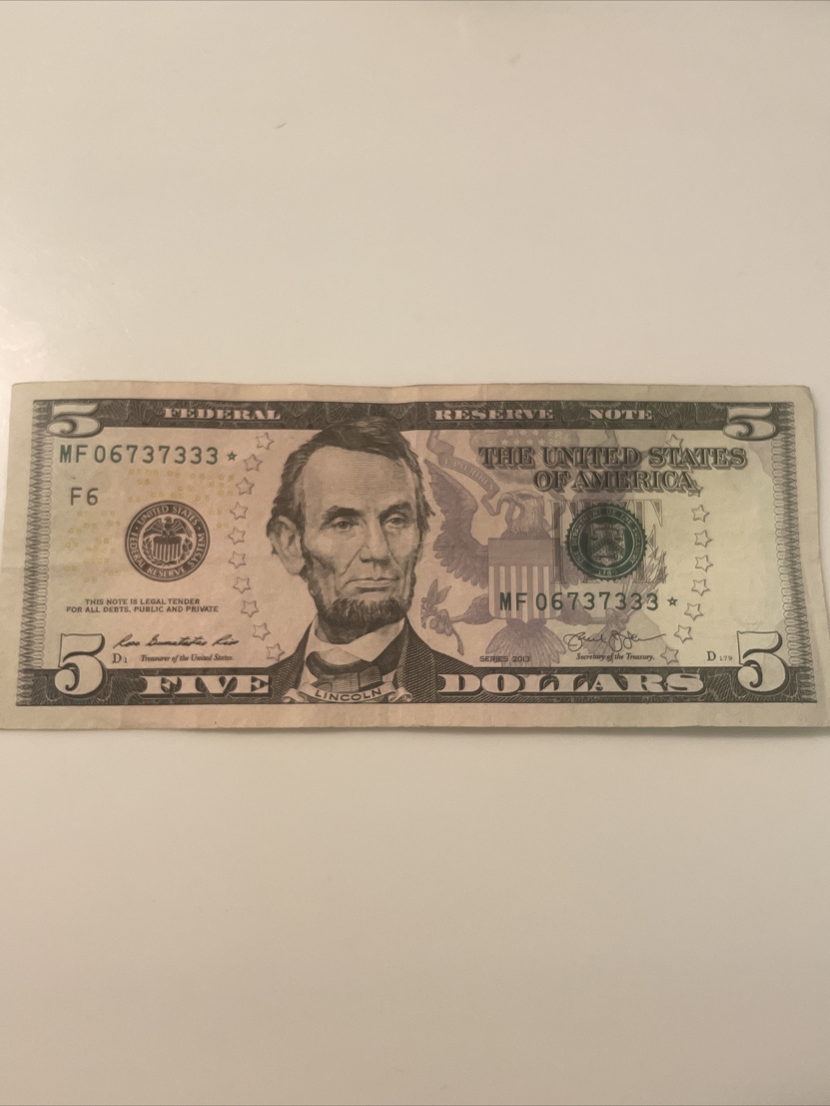 $5 Dollar Bill Star Note 🌟 2013-MF 06737333 * Beautiful 3 Ending | eBay