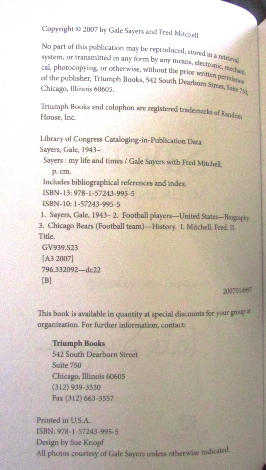 Sayers : My Life and Times by Fred Mitchell and Gale Sayers (2007 ...