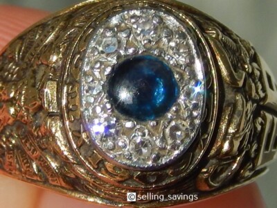 14K YELLOW GOLD BLUE SAPPHIRE & DIAMOND 1969 WEST POINT MILITARY CLASS ...