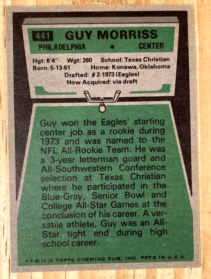 1975 TOPPS GUY MORRIS CARD#441 PHILADELPHIA EAGLES NEW ENGLAND PATRIOTS ...