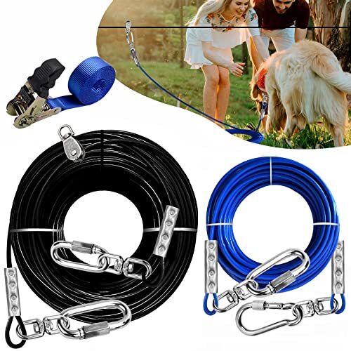 DOG TIE OUT CABLE Aerial Run Zip Line for Large Dogs 300lbs 100ft ...
