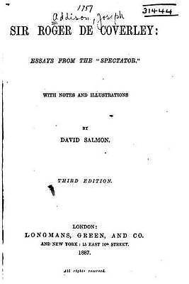 Sir Roger de Coverley, Essays from the Spectator by Joseph Addison ...