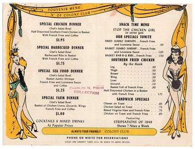 1949 Colony Club BURLESQUE Vintage Souvenir Menu GGA Gardena CA Charles ...
