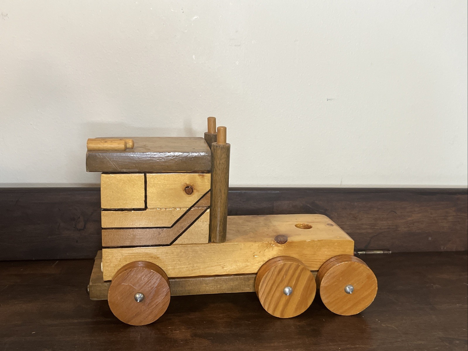 Vtg Wooden Handmade Semi Truck & Trailer 28” Wood Work Shop Rolling ...