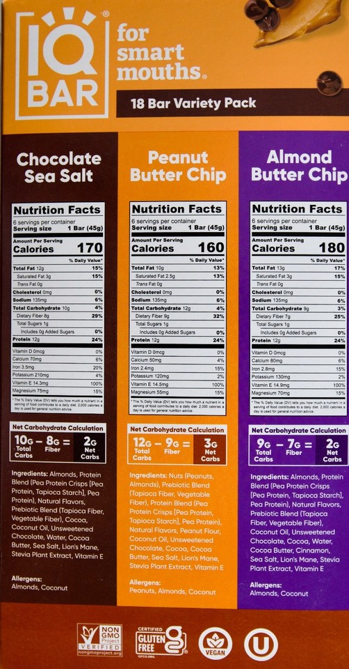 Iq Bar Protein Peanut Almond Butter Chocolate Sea Salt 18 Bars Ebay