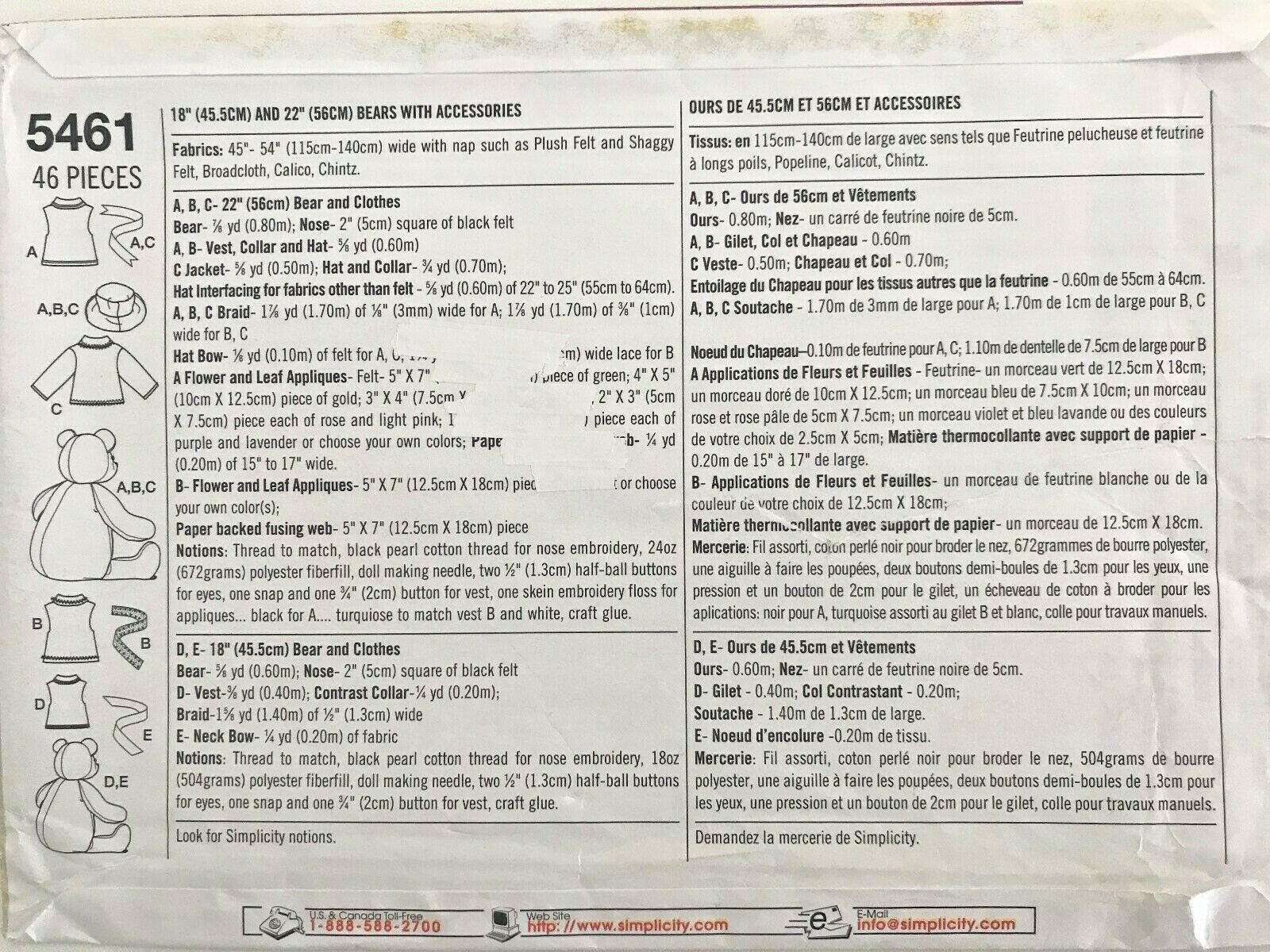 Simplicity Bears with Accessories Pattern 5461 Size 18" UNCUT | eBay UK