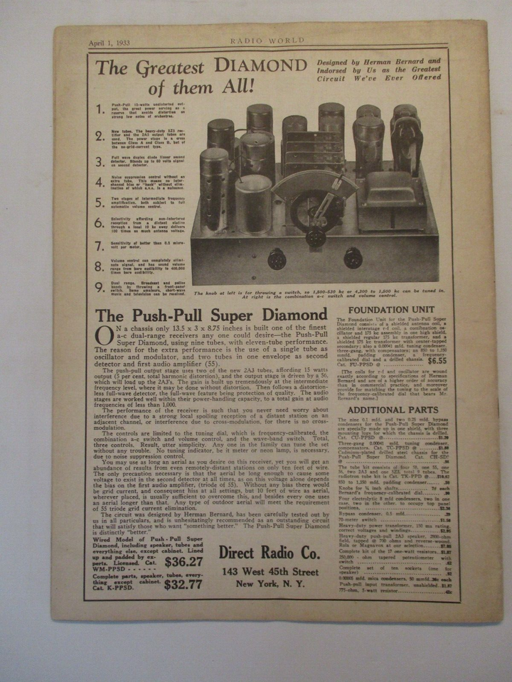 RADIO WORLD MAGAZINE APRIL 1, 1933 TUBES CHART UNIVERSAL DE LUXE MODEL ...