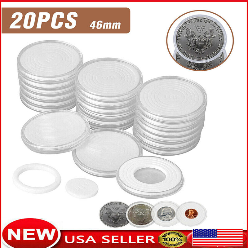 20* 46mm Clear Plastic Round Coin Cases Capsules Container Holder ...