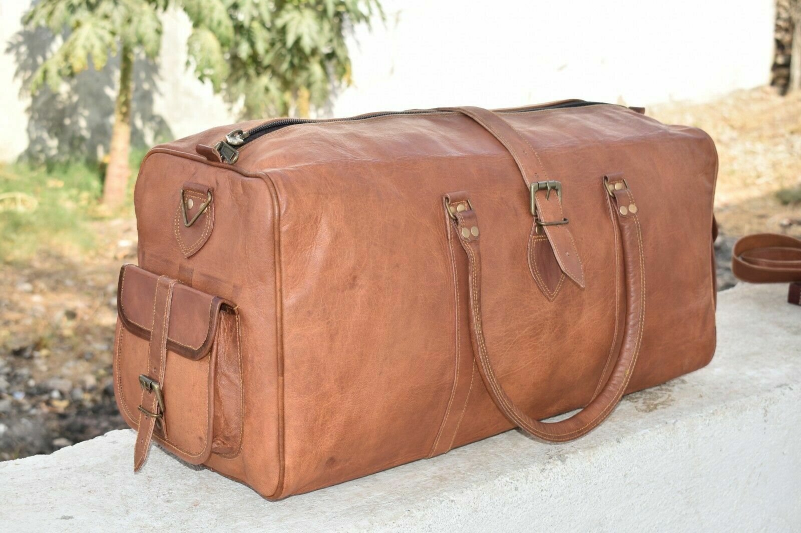 Vintage Goat Skin Leather Bag duffel Travel Men Retro Luggage Overnight ...
