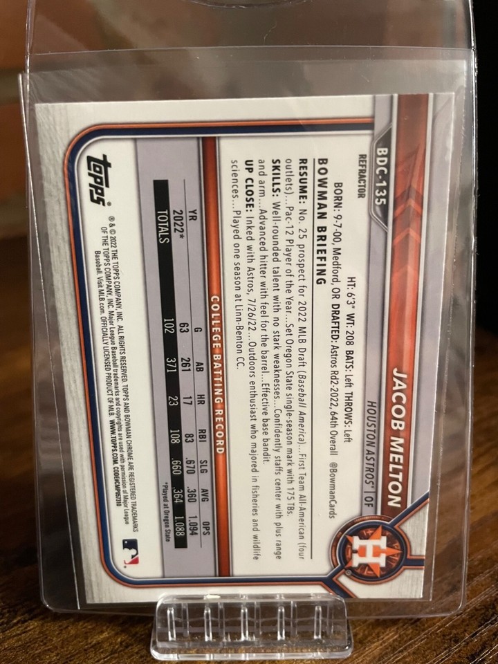 Jacob Melton 2022 Bowman 1st Draft Chrome Refractor Houston Astros (RC ...