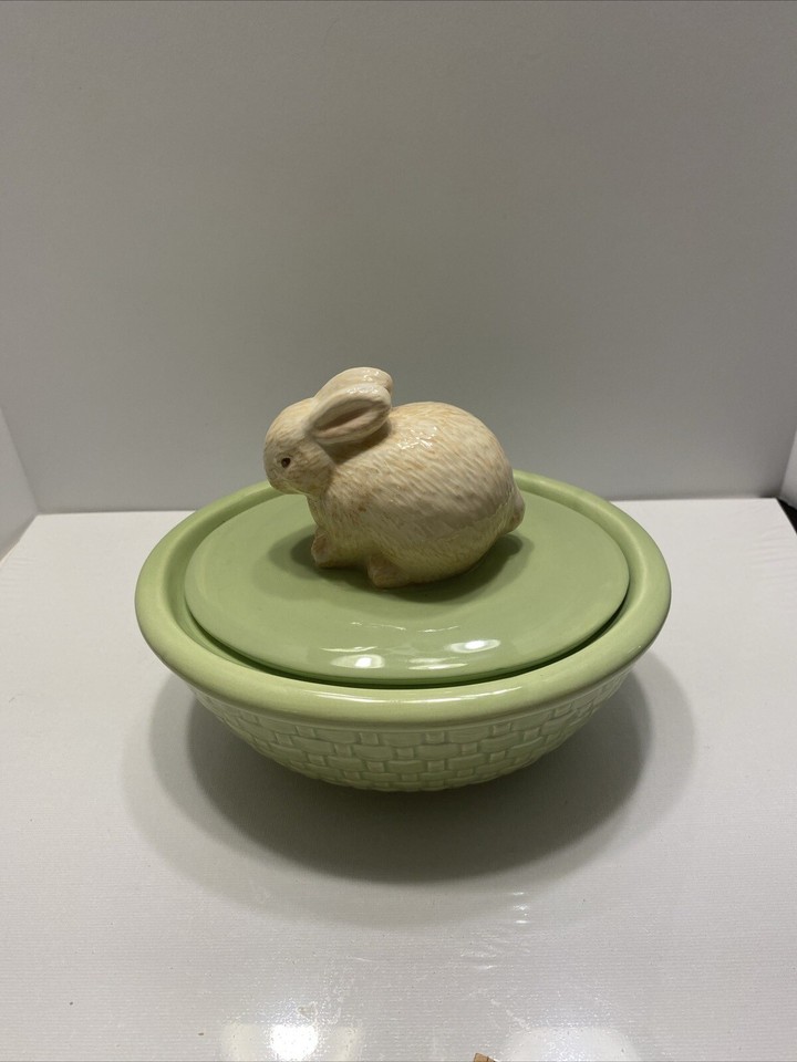 Hallmark Bunny Rabbit Ceramic Covered Candy Dish Green Easter Weaved ...