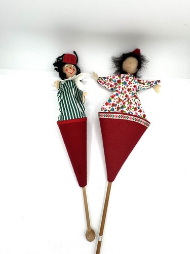 2 Vintage Push Pop Up Hand Made Cone Puppet On Wooden Stick-15” Tall | eBay