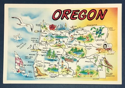 Postcard Oregon Pictorial State Map Cities Landmarks Flower Bird Trees ...