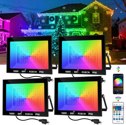 RGB LED Flood Light Outdoor 1000W Equivalent, 100W Bluetooth RGBCW ...