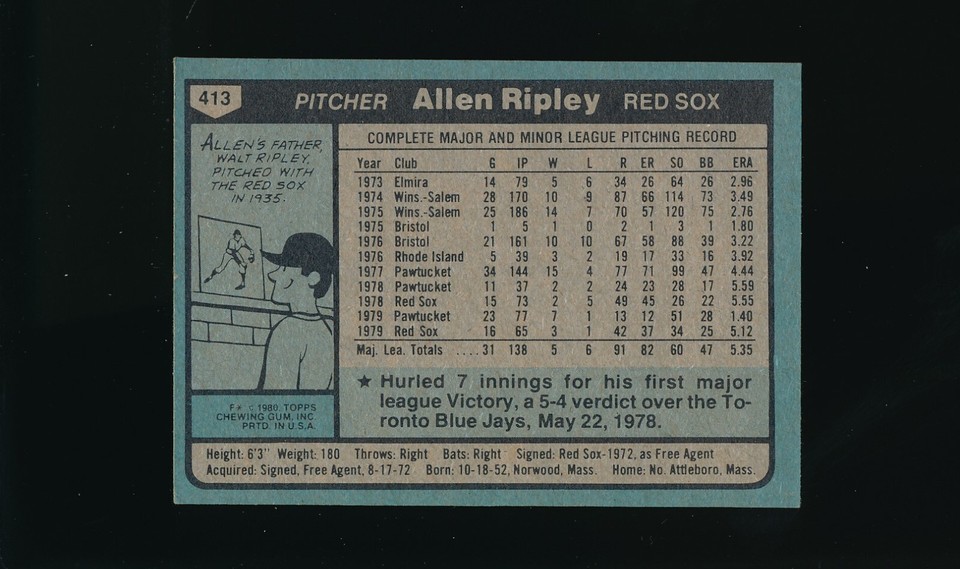 1980 Topps #413 Allen Ripley * Pitcher * Boston Red Sox * NM/NM-MT * | eBay
