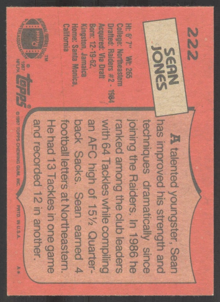 1987 Topps Sean Jones Rookie Los Angeles Raiders #222 | eBay