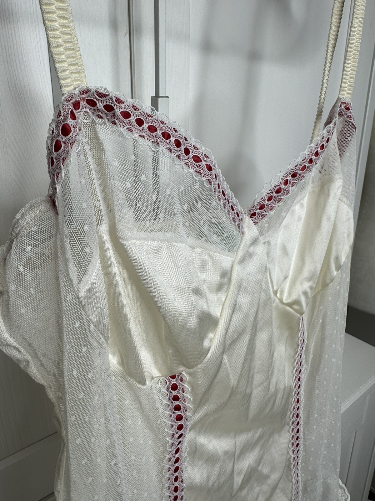 1970s White Bodysuit Negligee W Garters Red Lace Acce… - Gem