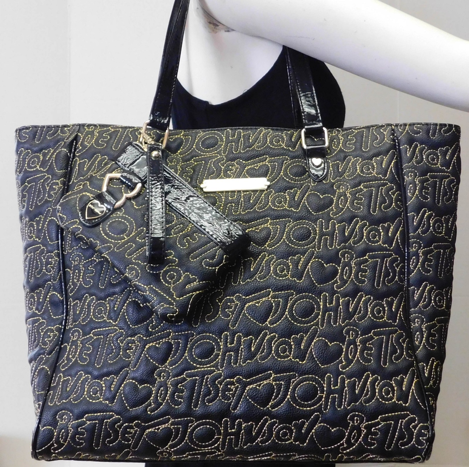 Betsey Johnson Monogram Black Quilted Shoulder Bag Handbag Tote Purse w ...